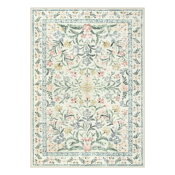 Winston Porter Kaldi Oriental Botanical Floral Machine Washable Area Rug with Non-Slip Backing ...